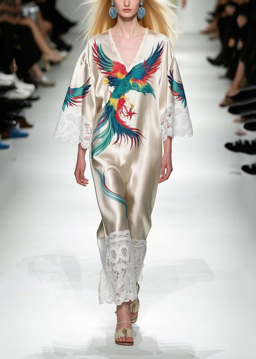Italian Milk White Oversized Patchwork Lace Phoenix Print Dress Summer – Omychic