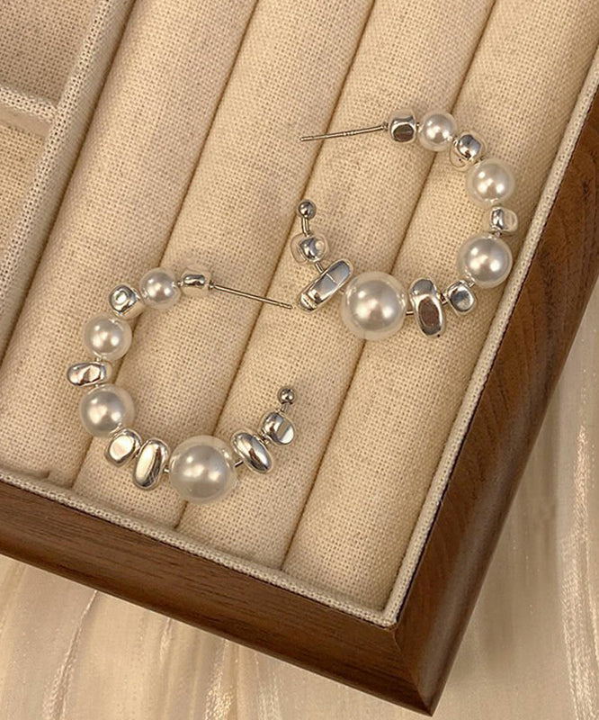 Original White Sterling Silver Pearl Broken Silver Hoop Earrings – Omychic