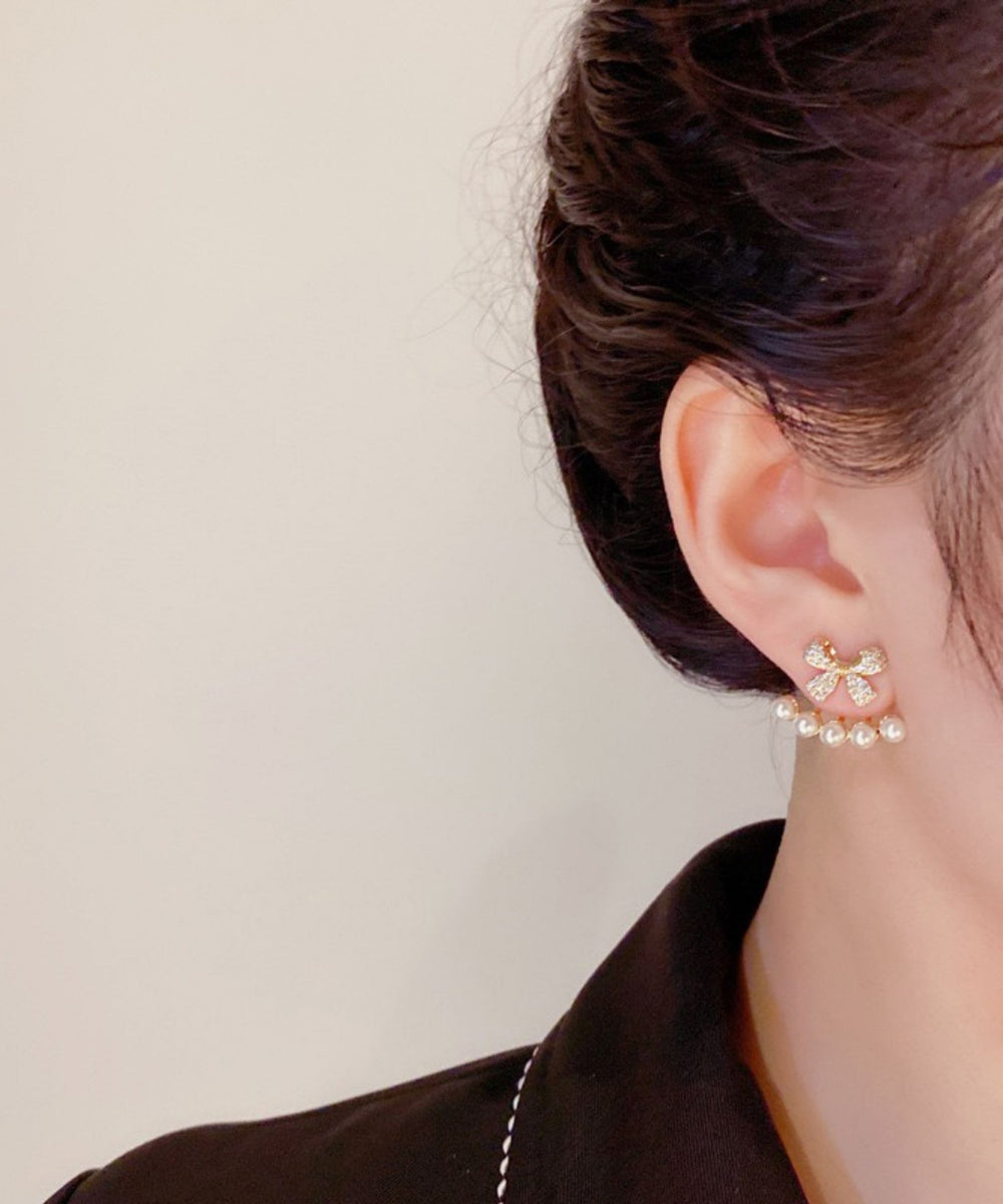 Stylish Gold Copper Overgild Zircon Bow Pearl Stud Earrings – Omychic