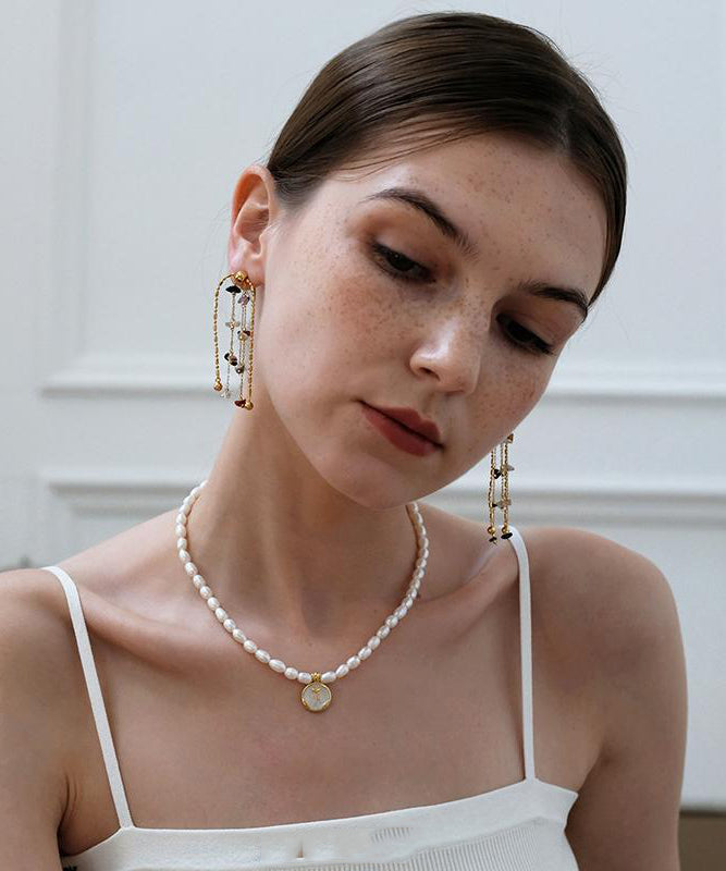 Stylish Gold Copper Rainbow Stone Tassel Drop Earrings – Omychic