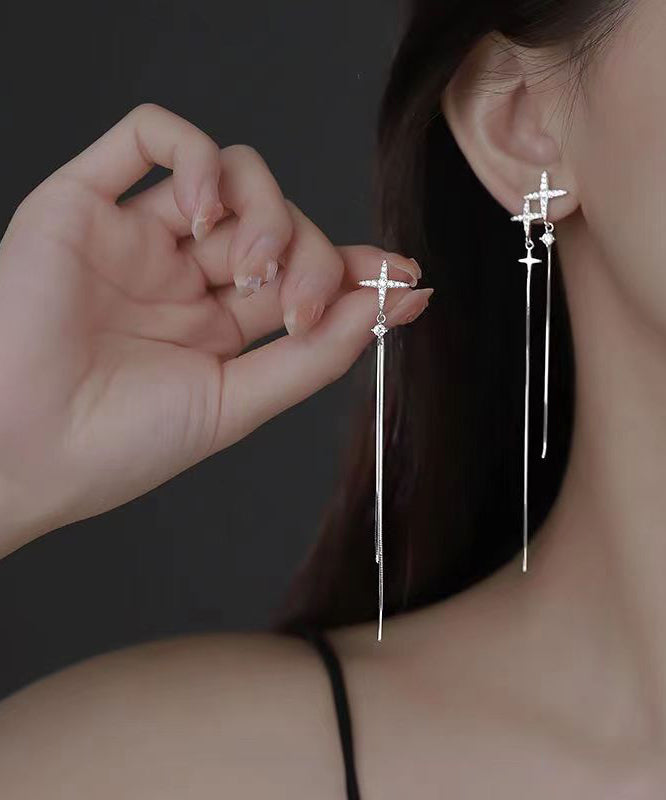 Skinny Silk Sterling Silver Zircon Asymmetry Stars Tassel Drop Earring – Omychic