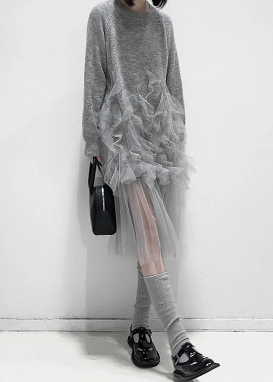Art Grey Ruffled Solid Tulle Patchwork Knit Dress – Omychic