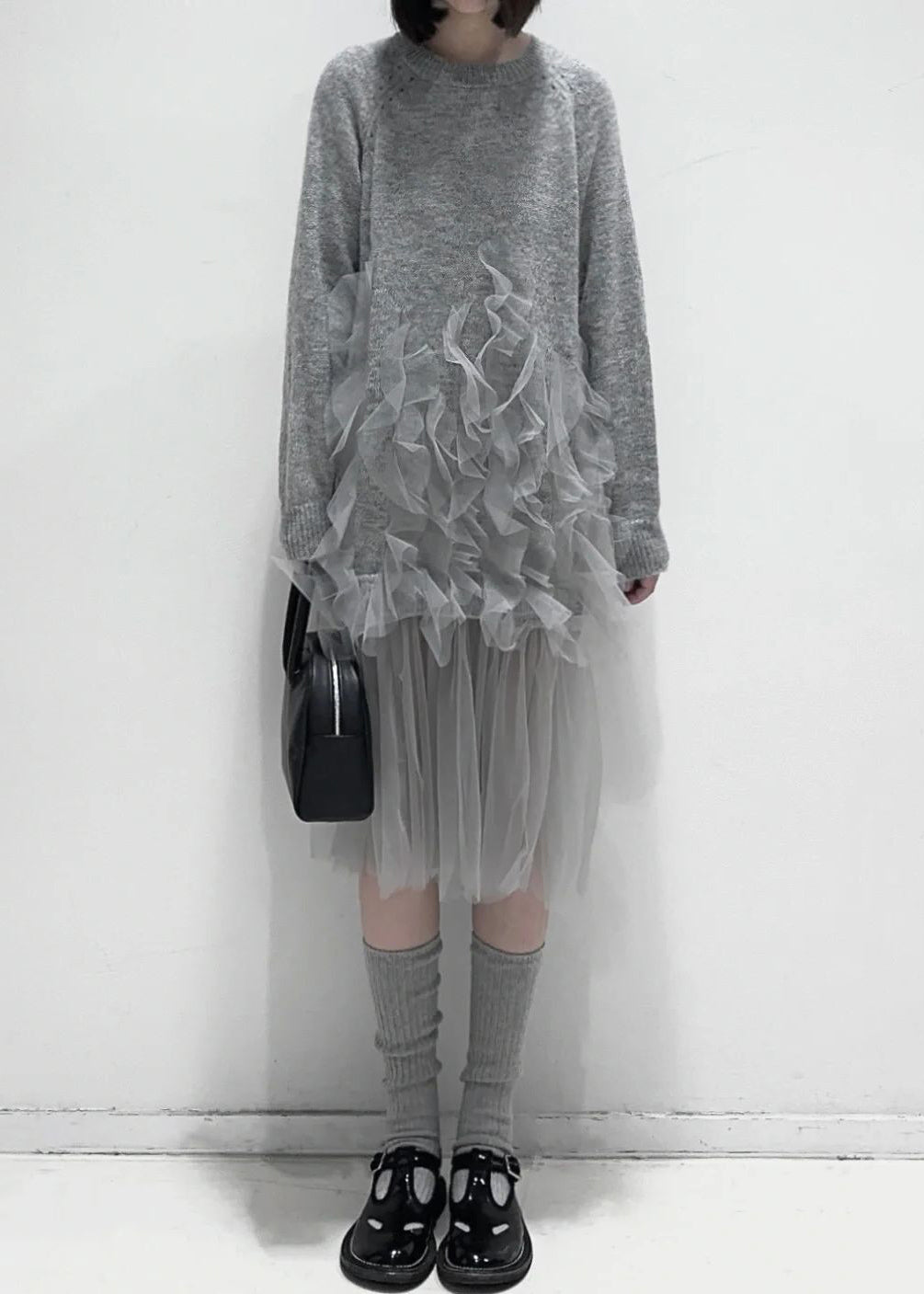 Art Grey Ruffled Solid Tulle Patchwork Knit Dress – Omychic