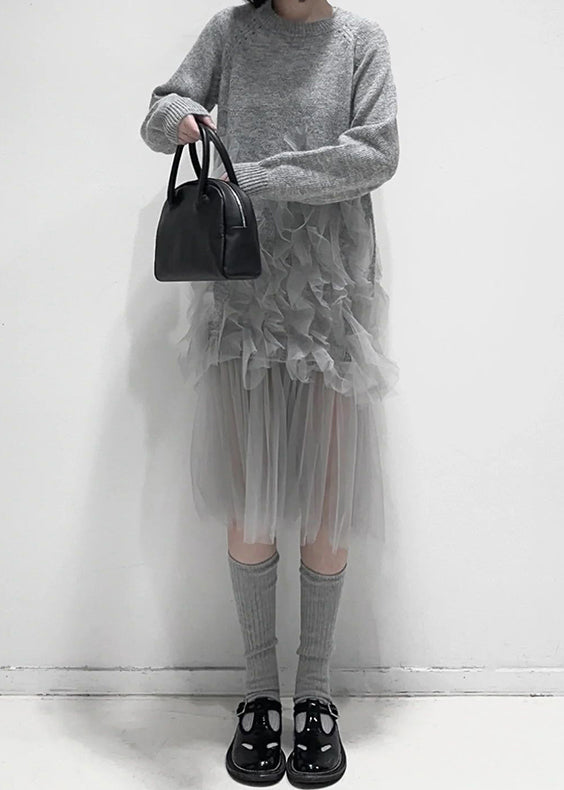 Art Grey Ruffled Solid Tulle Patchwork Knit Dress – Omychic