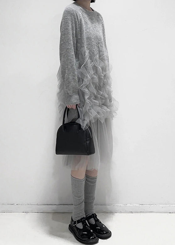 Art Grey Ruffled Solid Tulle Patchwork Knit Dress – Omychic