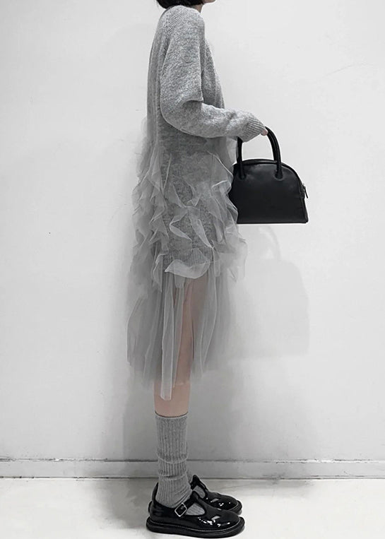 Art Grey Ruffled Solid Tulle Patchwork Knit Dress – Omychic