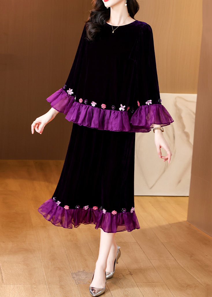 Art Purple Original Design Patchwork Silk Velvet Two Piece Set Flare S ...