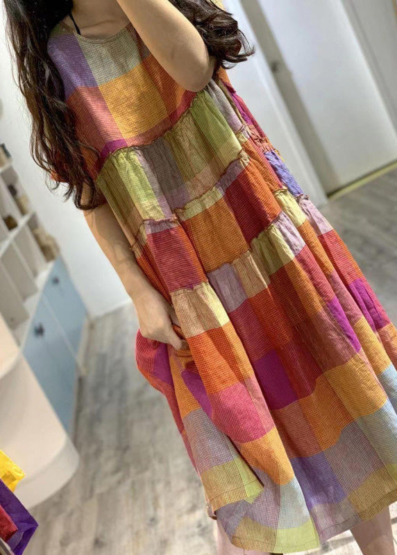 Art Rainbow Ruffled Plaid Linen Dress Summer – Omychic