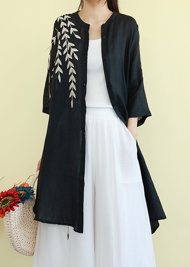 Beautiful Black Embroidered Linen Shirt Dresses Summer – Omychic