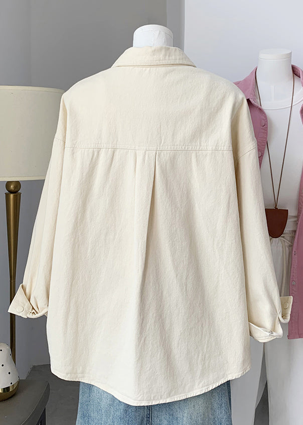 Beige Button Pockets Denim Fall Blouses Peter Pan Collar – Omychic