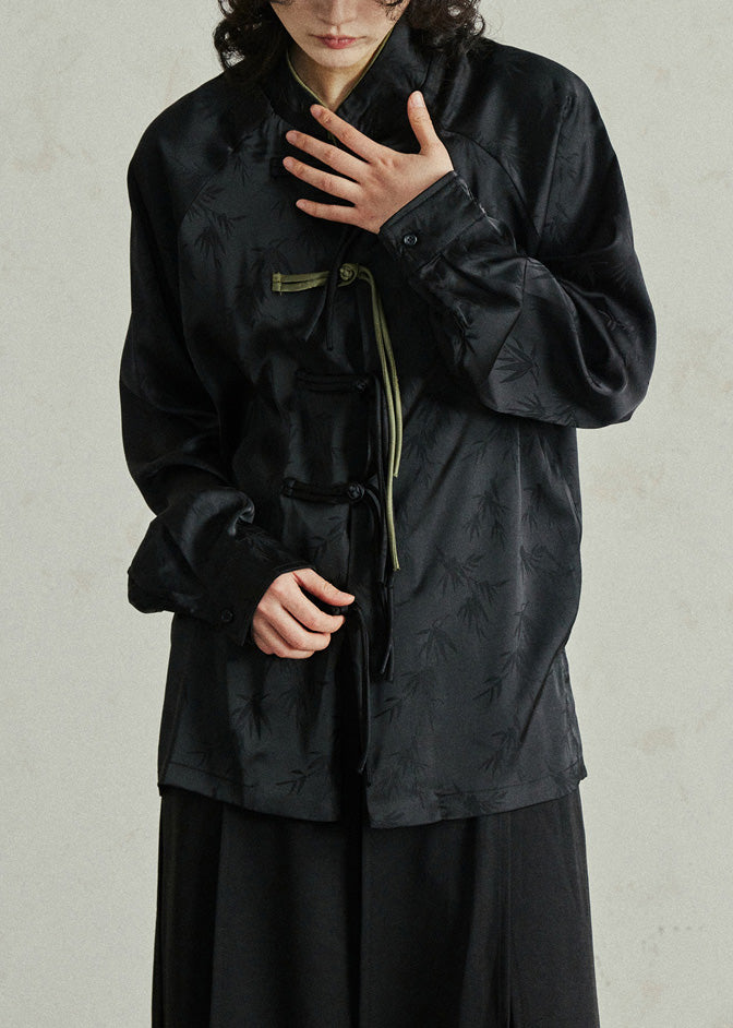 Black Button Stand Collar Top Lantern Sleeve – Omychic