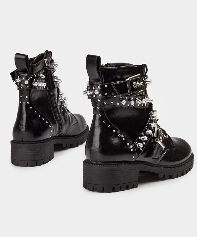 Black Cowhide Leather Splicing Lace Up Rivet Boots – Omychic