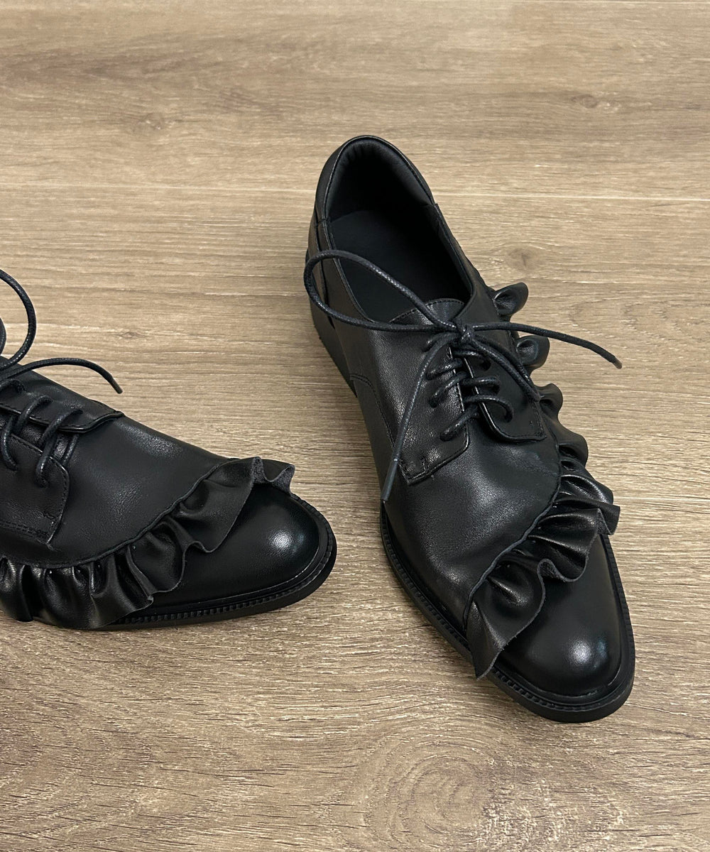 Black Lace Up Cowhide Leather Ruffled Splicing Flat Shoes – Omychic