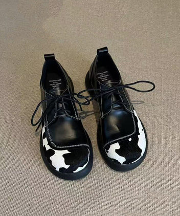 Black Lace Up Splicing Platform Loafers For Women – Omychic