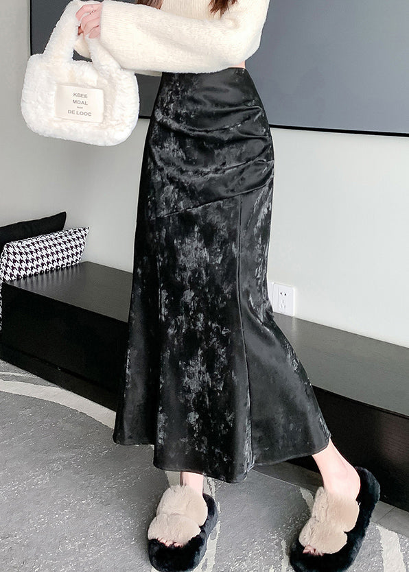 Black Print Wrinkled Silk Velvet Mermaid Skirt Zip Up – Omychic