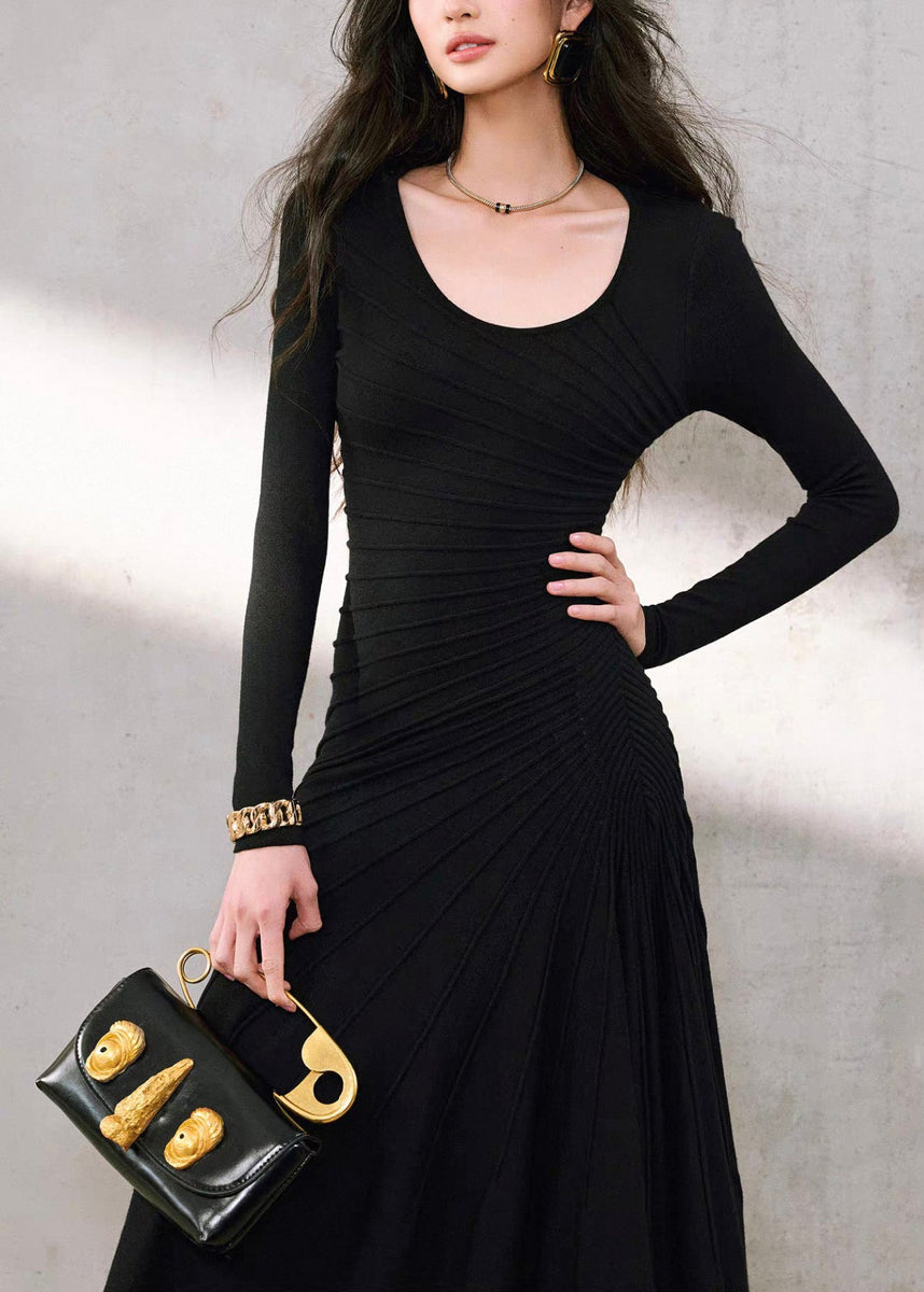 Black Wrinkled Slim Solid Long Fishtail Dress Spring – Omychic