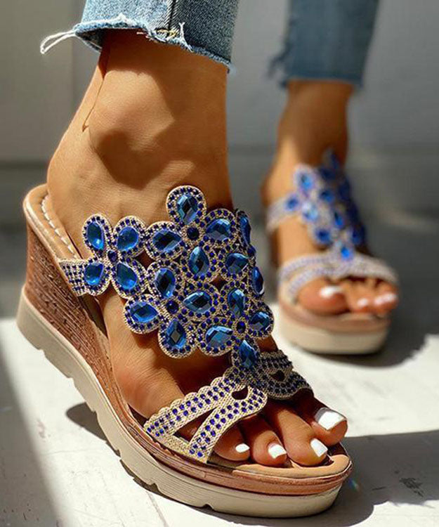 Blue Gemstone High Wedge Heels Faux Leather 2024 Peep Toe Slide Sandal ...
