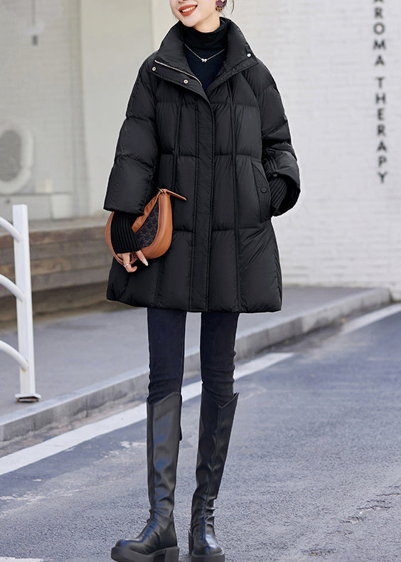 Bohemian Black Stand Collar Drawstring Duck Down Puffer Jacket Winter ...