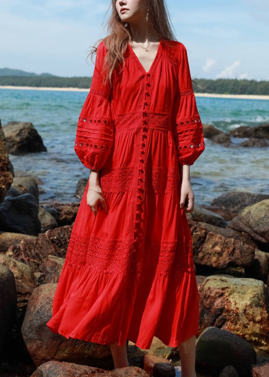 Bohemian Red Hollow Out Lace Button Shirts Dress Lantern Sleeve – Omychic