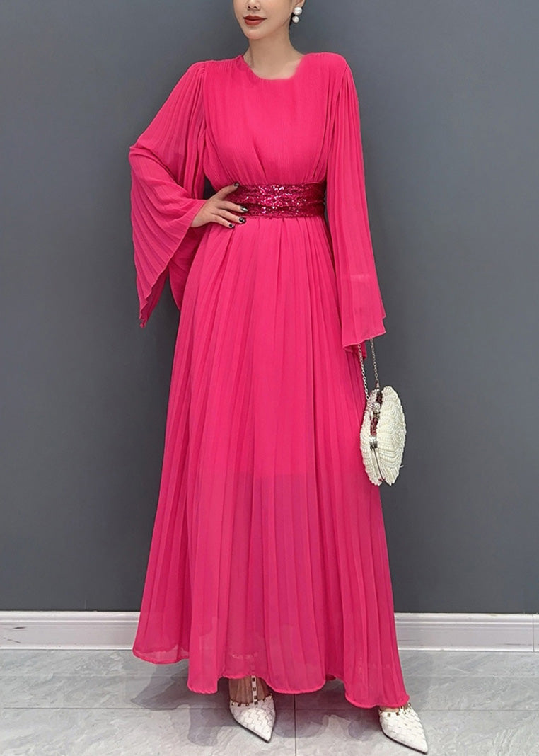 Boho Rose Wrinkled Tie Waist Chiffon Maxi Dresses Flare Sleeve – Omychic