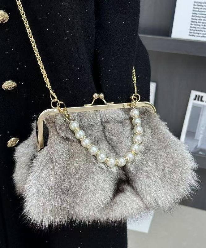 Boutique Grey Fuzzy Fur Fluffy Chain Linked Messenger Bag – Omychic