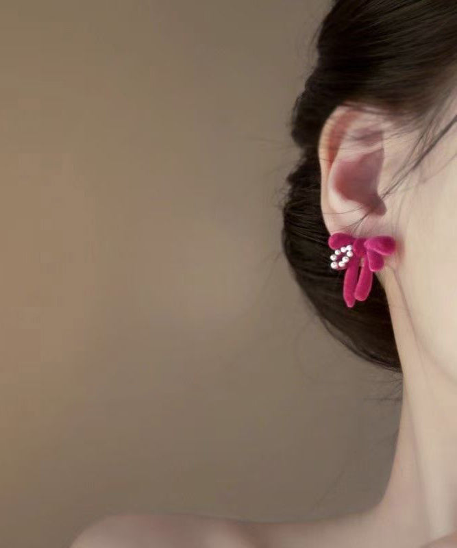 Brief Raspberry Color Alloy Pearl Flockin Butterfly Stud Earrings – Omychic