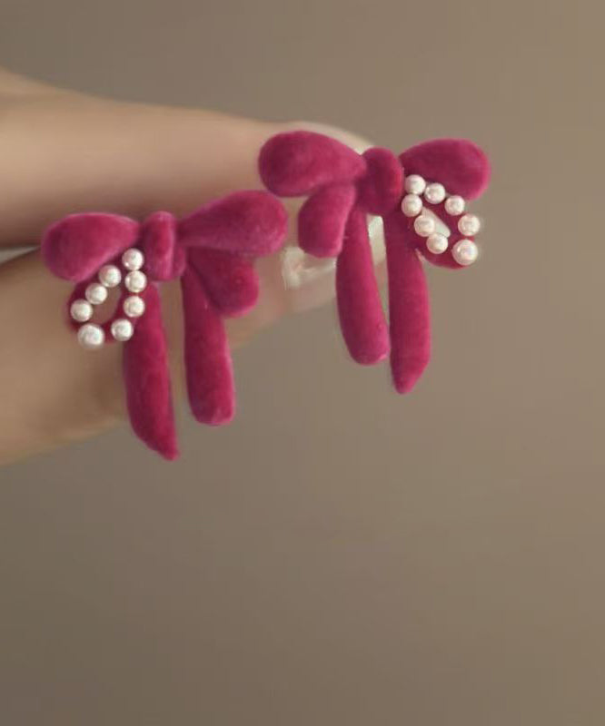 Brief Raspberry Color Alloy Pearl Flockin Butterfly Stud Earrings – Omychic