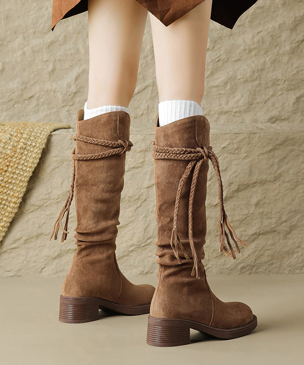 Brown Suede Tassel Wrinkled Splicing Boho Boots – Omychic