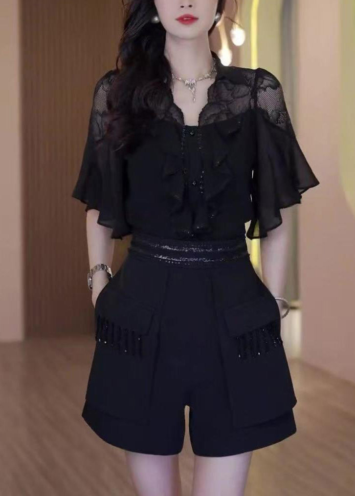 Chic Black Ruffled Lace Patchwork Two Piece Set Outfits Summer – Omychic