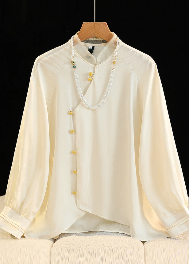 Chinese Style Milk White Draping Silk Blouse Tops Fall – Omychic