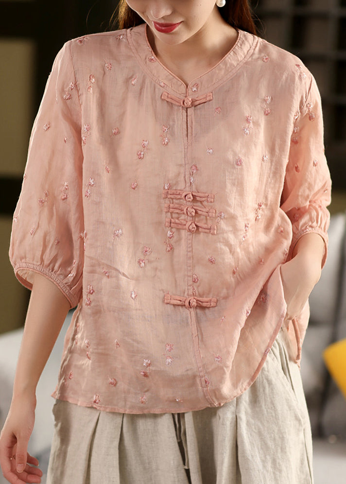 Chinese Style Purple Embroidered Oriental Button Linen Top Summer – Omychic