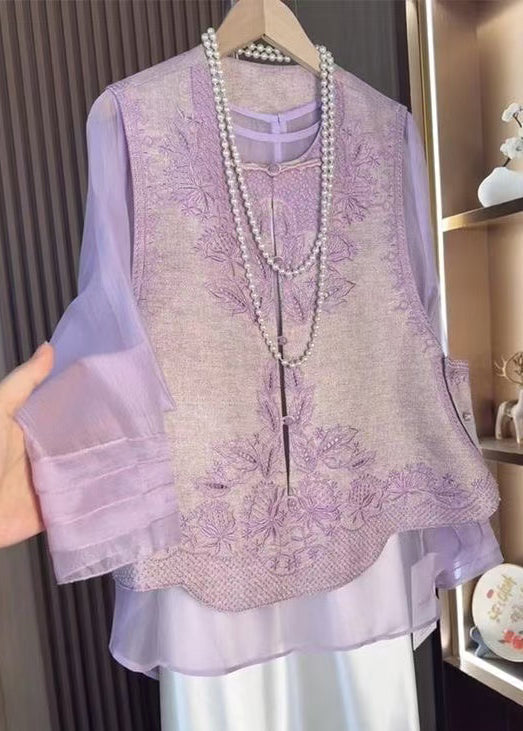 Chinese Style Purple Embroidered Waistcoat And Tops Two-Piece Set Fall ...