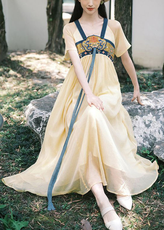 Chinese Style Purple Embroidered Wrinkled Chiffon Long Dress Summer ...