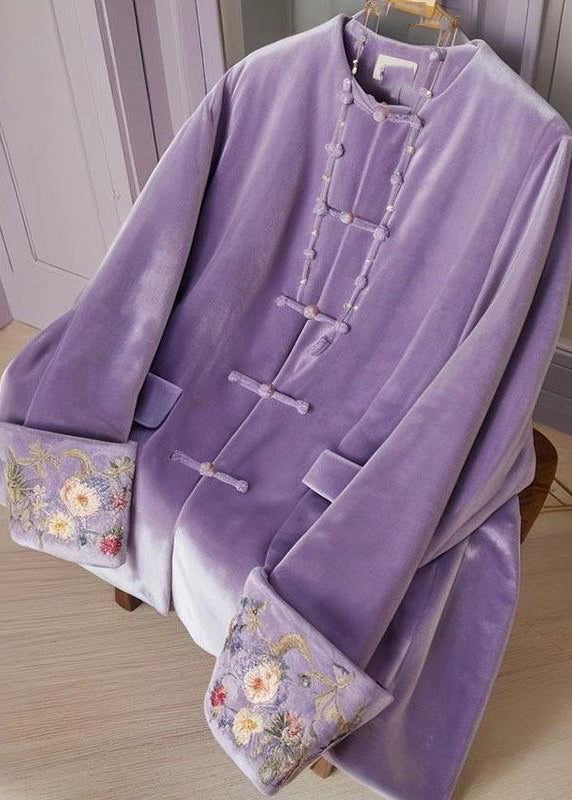 Chinese Style Purple O-Neck Embroidered Button Silk Velour Tops Fall ...