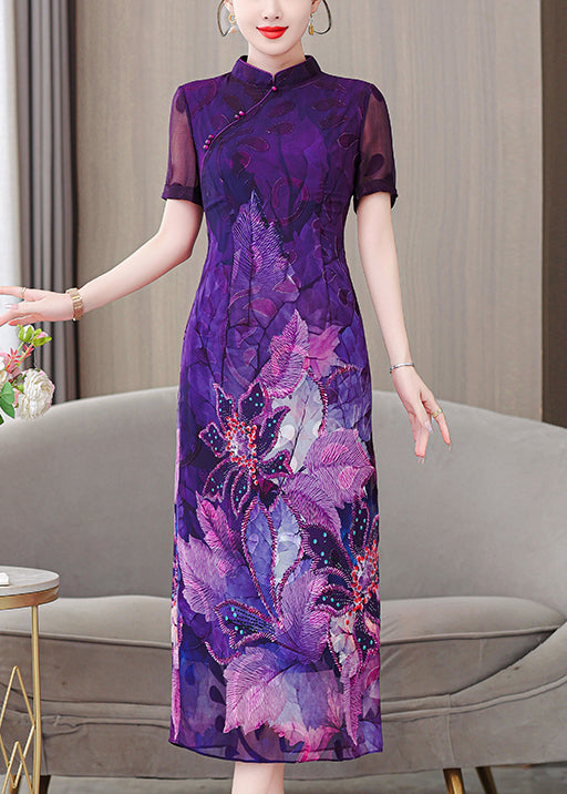 Chinese Style Purple Stand Collar Print Silk Dress Summer – Omychic