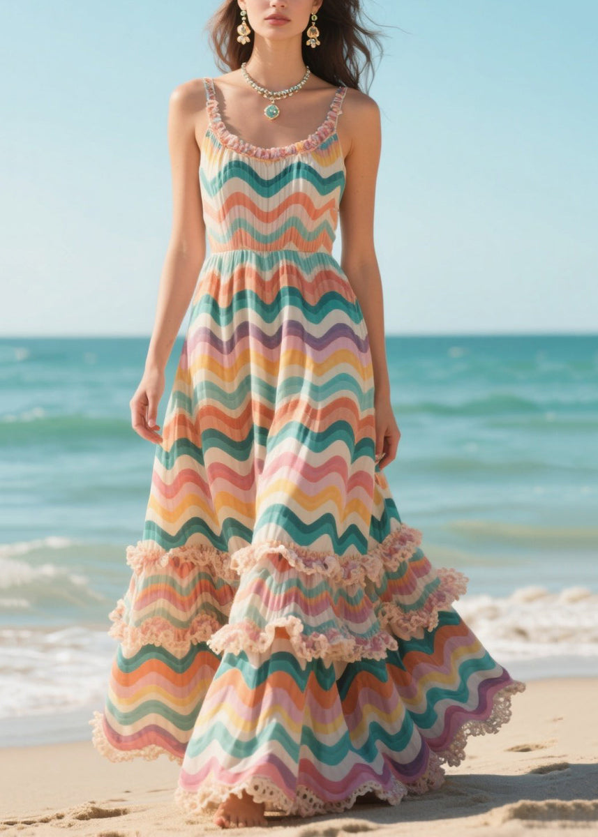 Classy Rainbow Ruffled Striped Chiffon Sun Dress Summer – Omychic