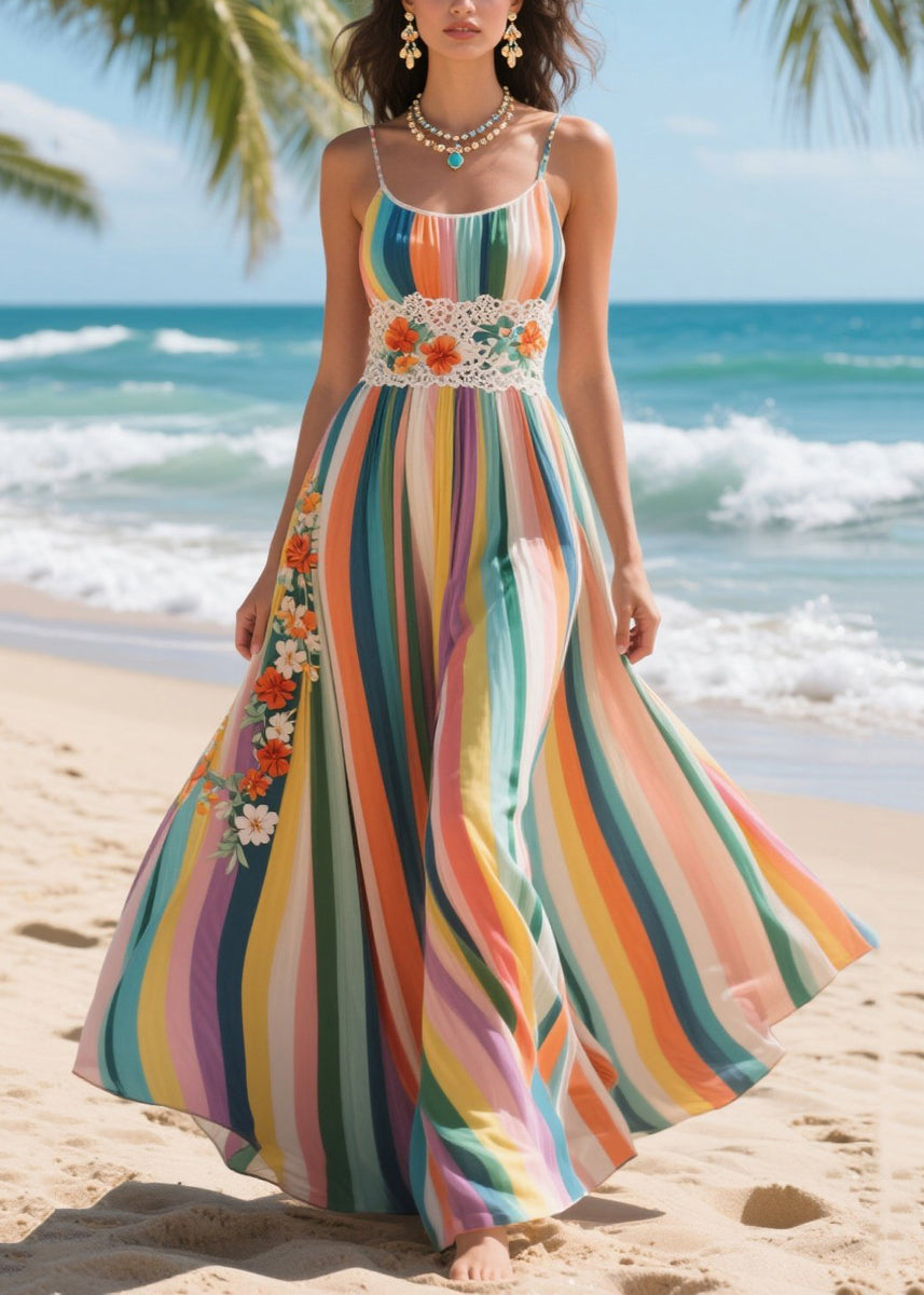 Classy Rainbow Striped Patchwork Flower Lace Chiffon Cami Dresses Summ ...