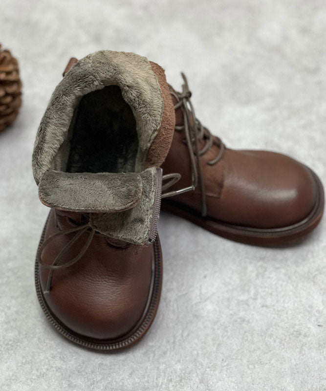 Chocolate Boots Cowhide Leather Warm Fleece Beautiful Lace Up Boots ...
