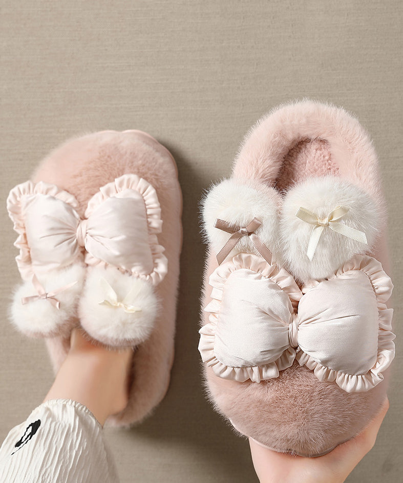 Cute Khaki Slippers Shoes Splicing Bow Fuzzy Wool Lined – Omychic