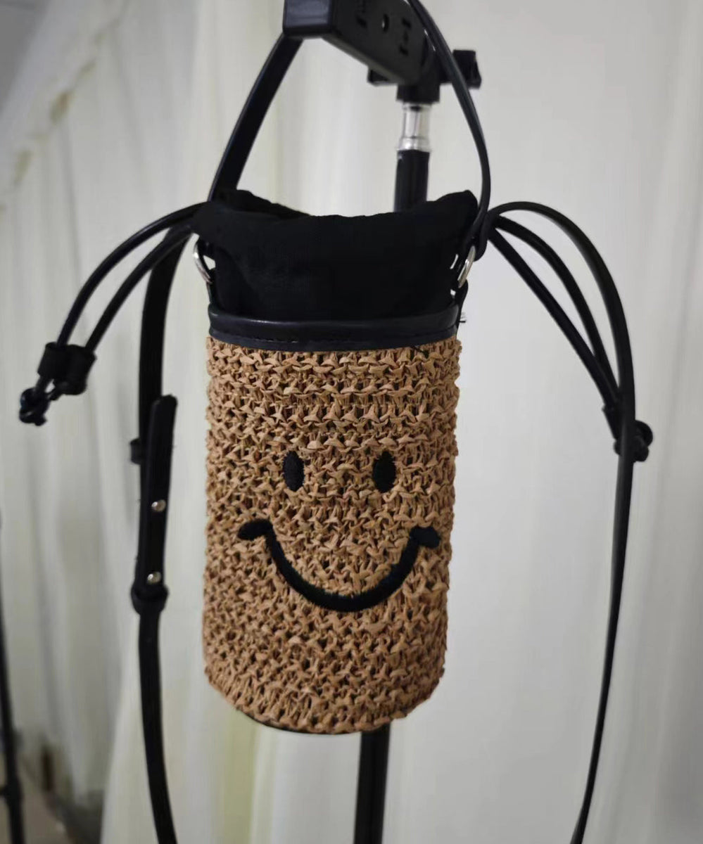 Cute Khaki Smile Drawstring Straw Woven Bucket Bag – Omychic