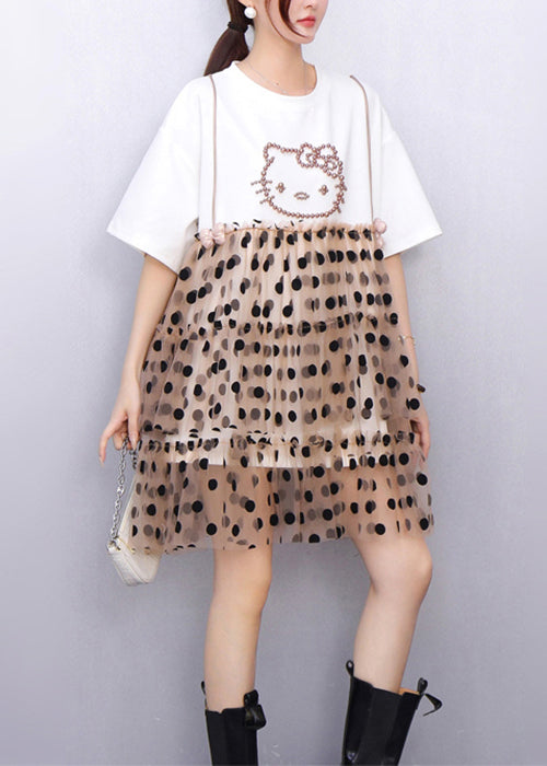 Cute White Ruffled Dot Patchwork Cotton Mid Dress Summer – Omychic