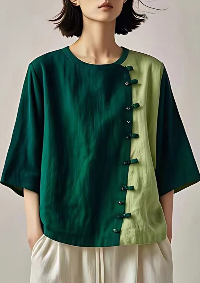 Dull Green Patchwork Linen Blouse Top Chinese Button Summer – Omychic