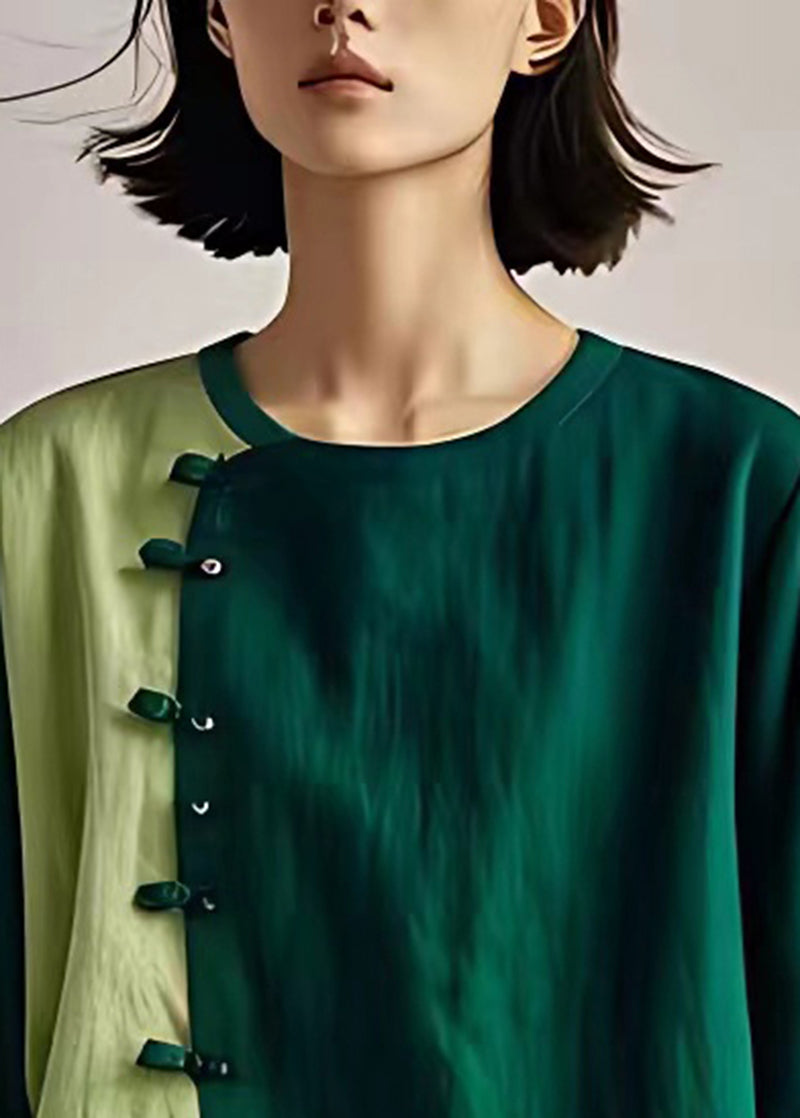 Dull Green Patchwork Linen Blouse Top Chinese Button Summer – Omychic