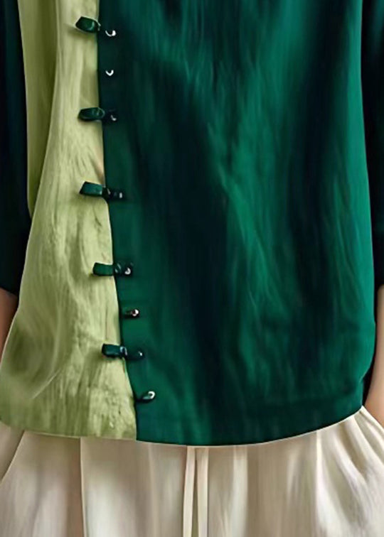 Dull Green Patchwork Linen Blouse Top Chinese Button Summer – Omychic