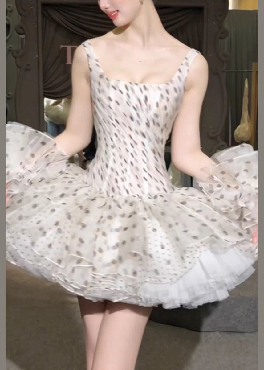 Elegant White Square Collar Dot Chiffon Mini Dresses Sleeveless – Omychic