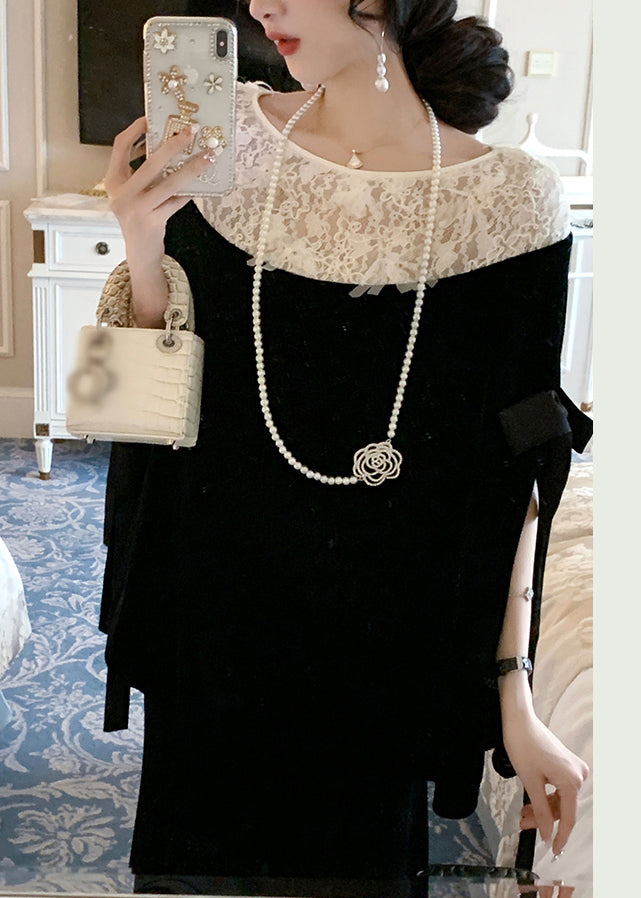 French Black Bow Lace Patchwork Silk Velour Blouses Cloak Sleeves – Omychic