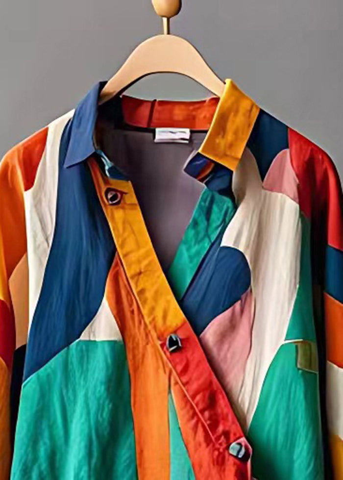 French Colorblock Asymmetrical Print Linen Top Fall – Omychic