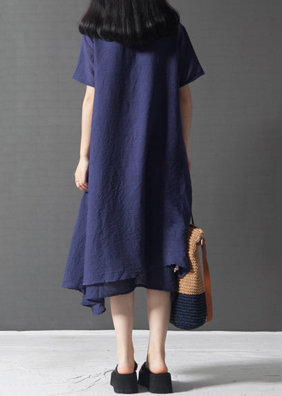 French Navy Oversized Print Linen Layered Dress Summer – Omychic