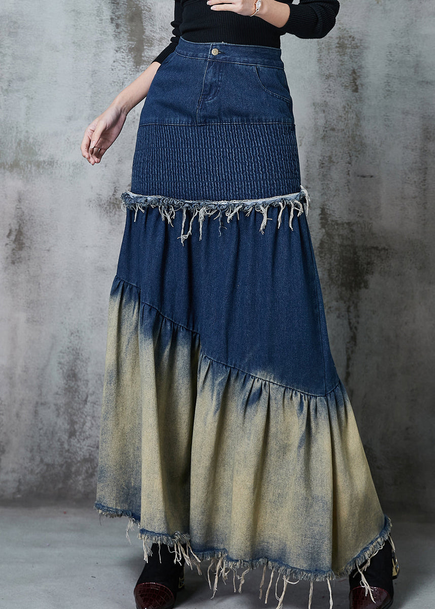 French Navy Silm Fit Patchwork Gradient Color Denim Skirt Spring – Omychic