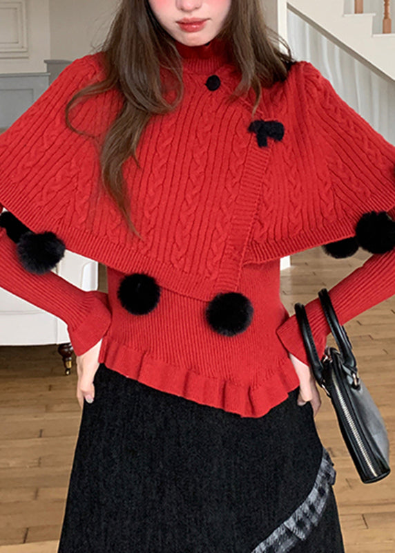 French Red Fuzzy Ball Decorated Cotton Knit Cloak And Sweaters Two ...